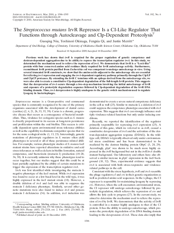 (PDF) The Streptococcus mutans IrvR Repressor Is a CI-Like Regulator ...
