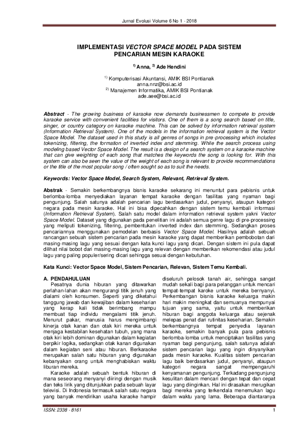 (PDF) Implementasi Vector Space Model Pada Sistem Pencarian Mesin Karaoke | ade hendini ...