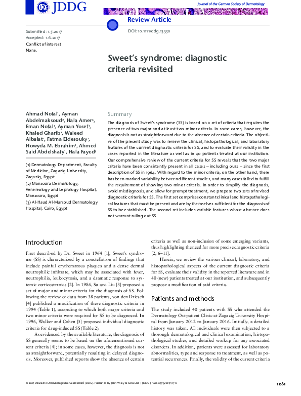 (PDF) Sweet's syndrome: diagnostic criteria revisited