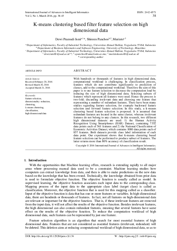 (PDF) K-means clustering based filter feature selection on high ...