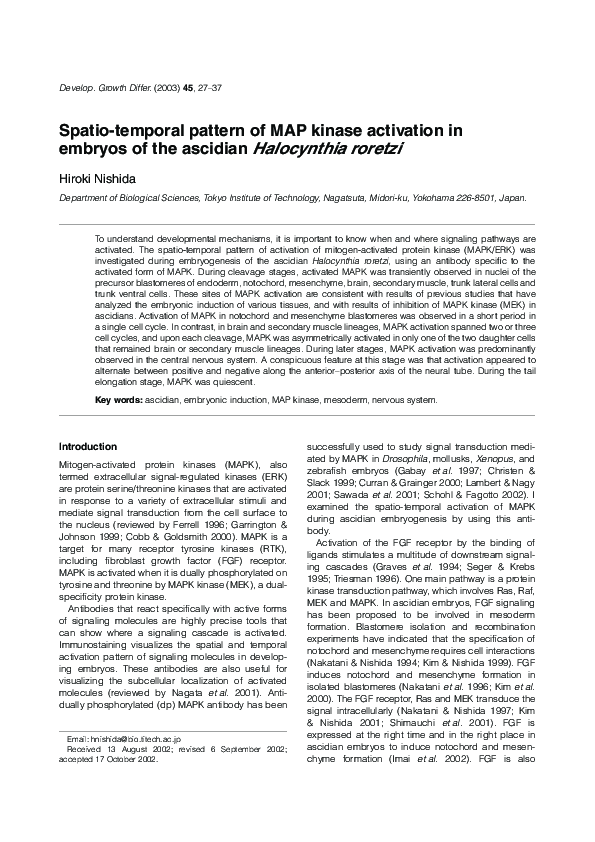 (PDF) Spatio-temporal pattern of MAP kinase activation in embryos of the ascidian Halocynthia ...