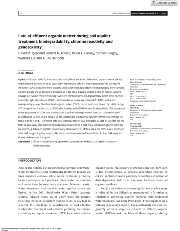 (PDF) Fate of effluent organic matter during soil aquifer treatment ...