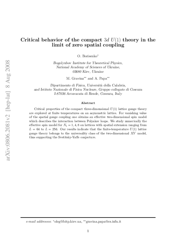 (PDF) Critical behavior of the compact 3D U (1) theory in the limit of zero spatial coupling