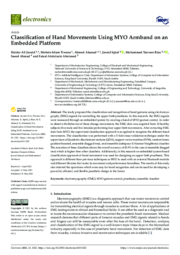 (PDF) Classification of Hand Movements Using MYO Armband on an Embedded ...
