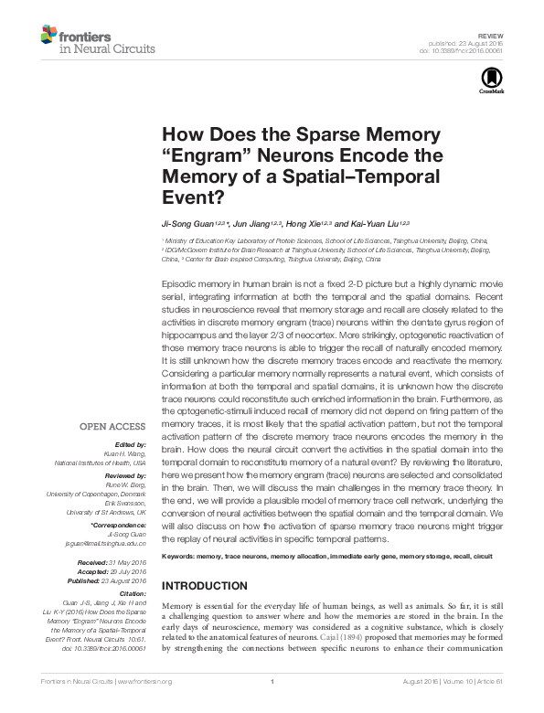 (PDF) How Does the Sparse Memory "Engram" Neurons Encode the Memory of a Spatial-Temporal Event?
