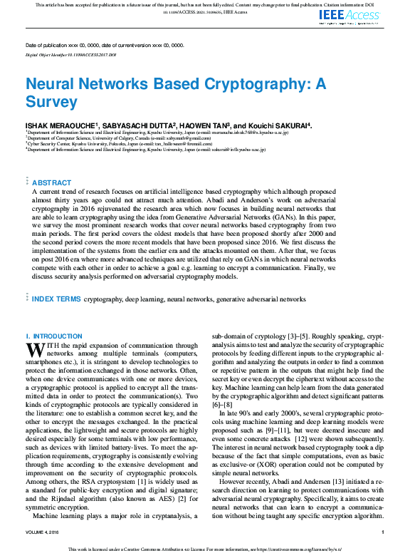 (PDF) Neural Networks Based Cryptography: A Survey (PDF) Neural Networks Based Cryptography: A Survey