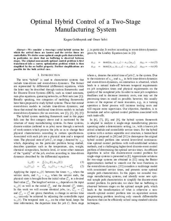 (PDF) Optimal hybrid control of a two-stage manufacturing system