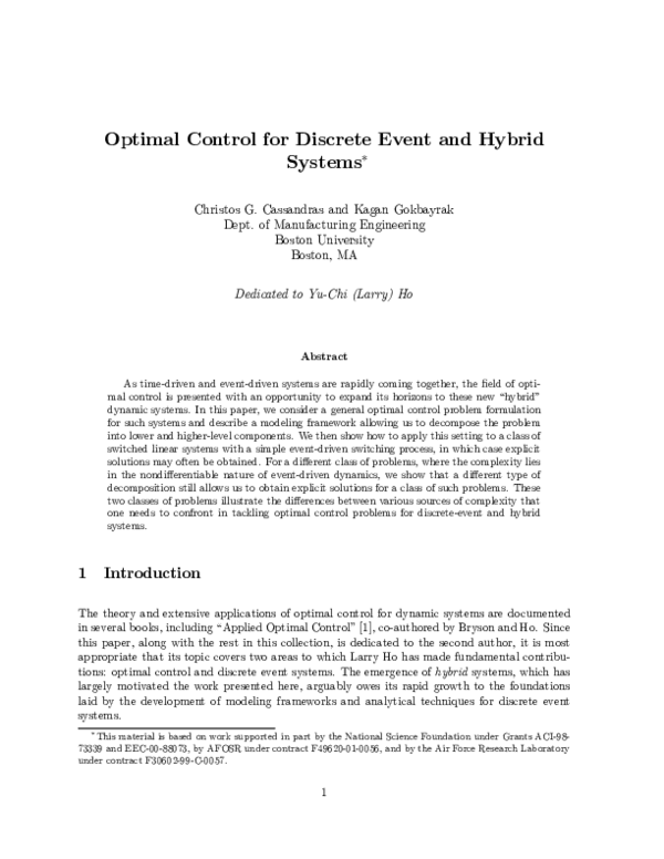 (PDF) Optimal Control for Discrete Event and Hybrid Systems