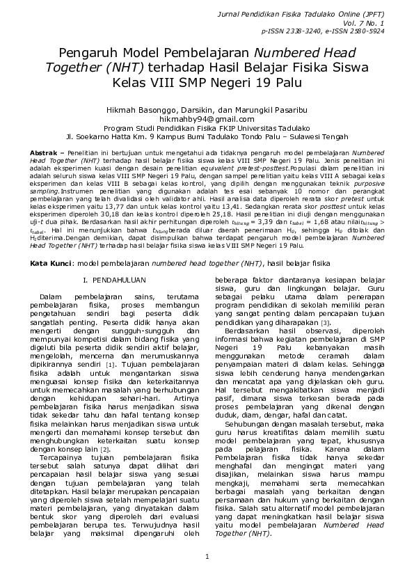 (PDF) Pengaruh Model Pembelajaran Numbered Head Together (NHT) terhadap Hasil Belajar Fisika ...
