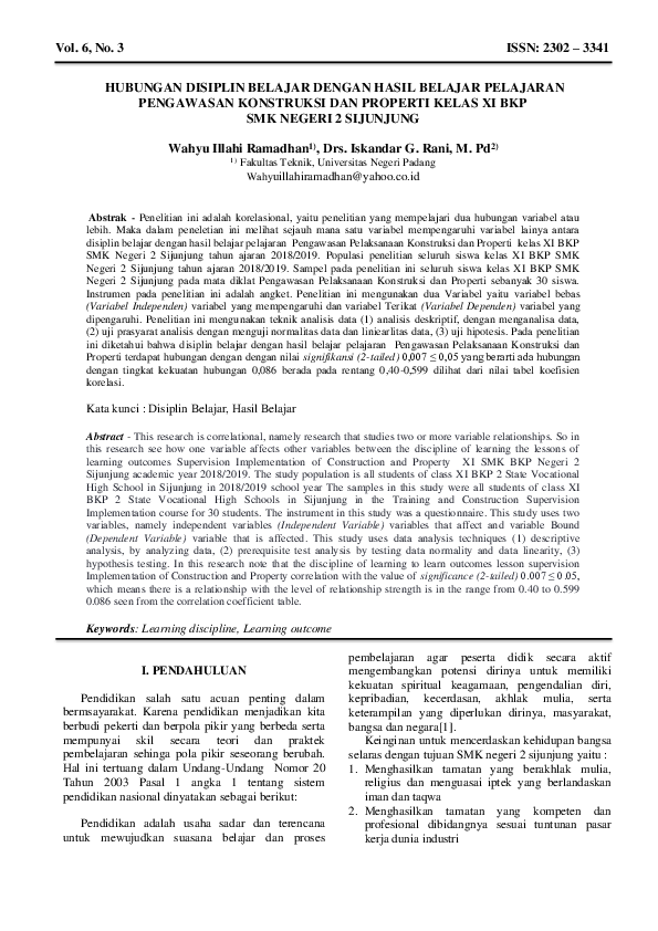 (PDF) Hubungan Disiplin Belajar Dengan Hasil Belajar Pelajaran Pengawasan Konstruksi Dan ...