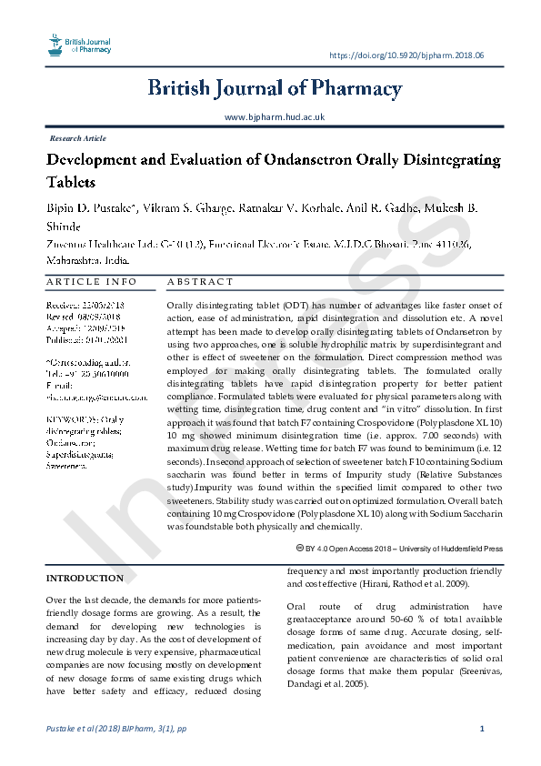 Pdf Development And Evaluation Of Ondansetron Orally Disintegrating Tablets