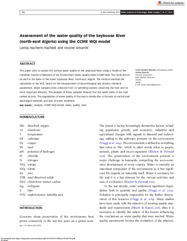 (PDF) Assessment of the water quality of the Seybouse River (north-east ...