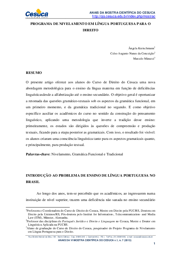 (PDF) Projeto Programa De Nivelamento De Língua Portuguesa Para O Direito