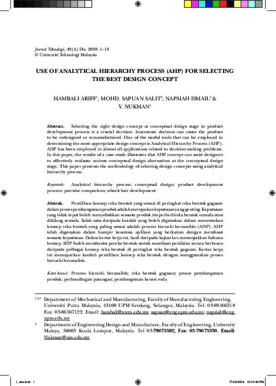 Pdf Use Of Analytical Hierarchy Process Ahp For Selecting The Best Design Concept Hambali
