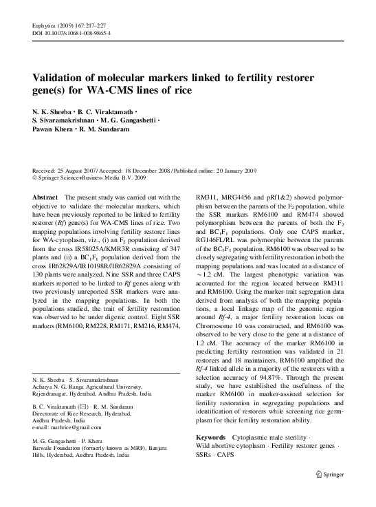 Pdf Validation Of Molecular Markers Linked To Fertility Restorer Genes For Wa Cms Lines Of Rice