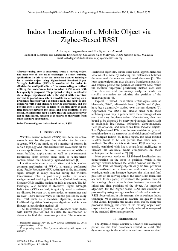 Pdf Indoor Localization Of A Mobile Object Via Zigbee Based Rssi Anbalagan Loganathan
