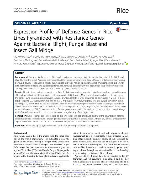 (PDF) Expression Profile of Defense Genes in Rice Lines Pyramided with ...
