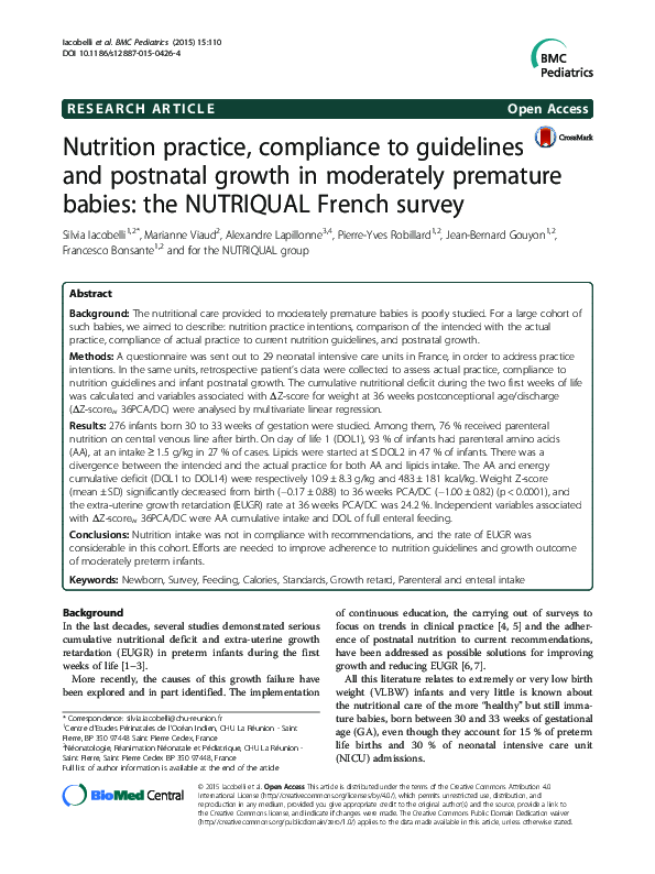 (PDF) Nutritional Practices and Growth in Moderately Premature Infants