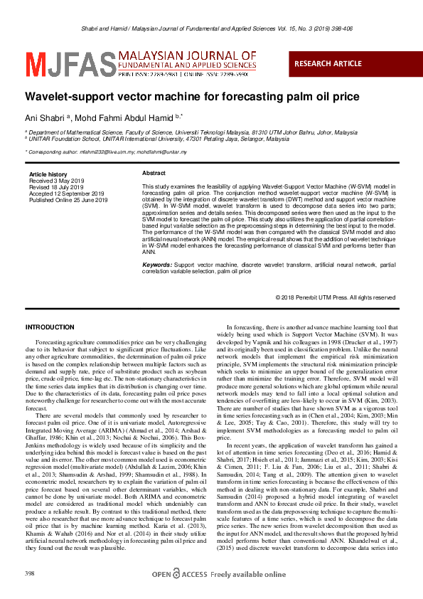 (PDF) Wavelet-support vector machine for forecasting palm oil price