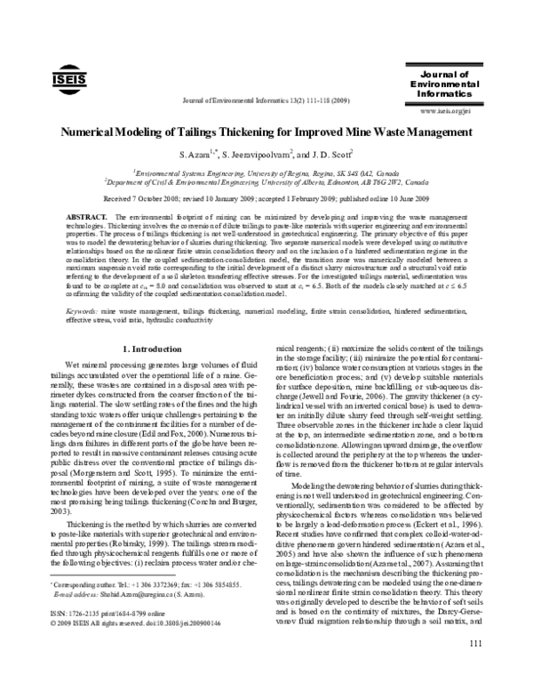 (PDF) Numerical Modeling of Tailings Thickening for Improved Mine Waste ...