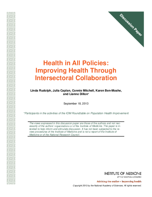(PDF) Health in All Policies: Improving Health Through Intersectoral ...
