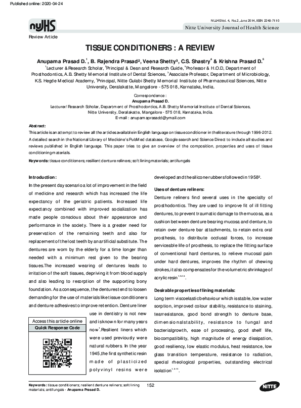 (PDF) Tissue Conditioners : A Review