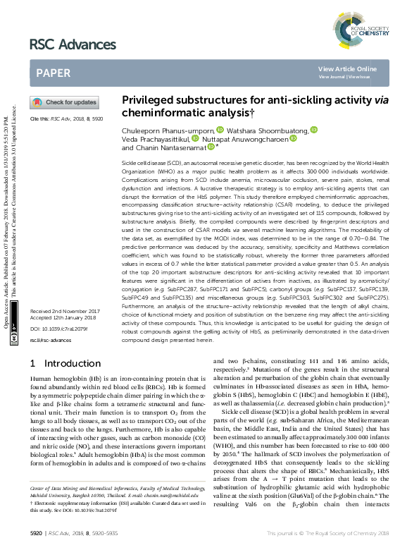 (PDF) Privileged substructures for anti-sickling activity via cheminformatic analysis
