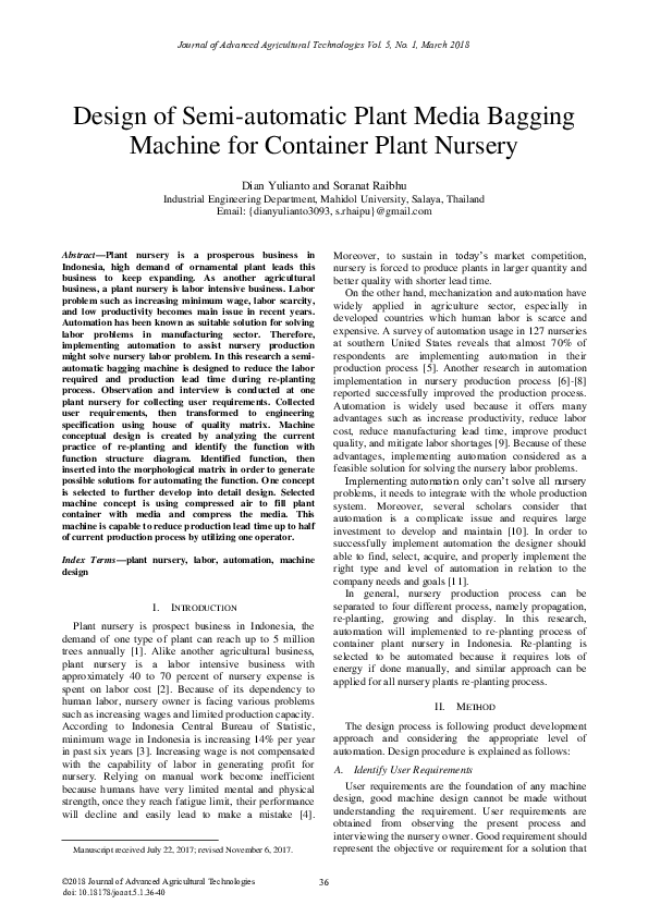 (PDF) Design of Semi-automatic Plant Media Bagging Machine for Container Plant Nursery