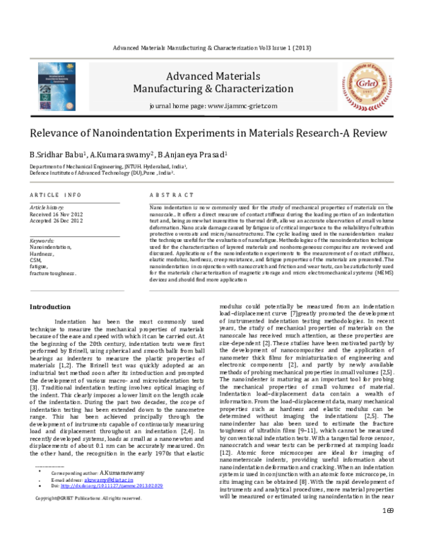 (PDF) Relevance of Nanoindentation Experiments in Materials Research-A Review
