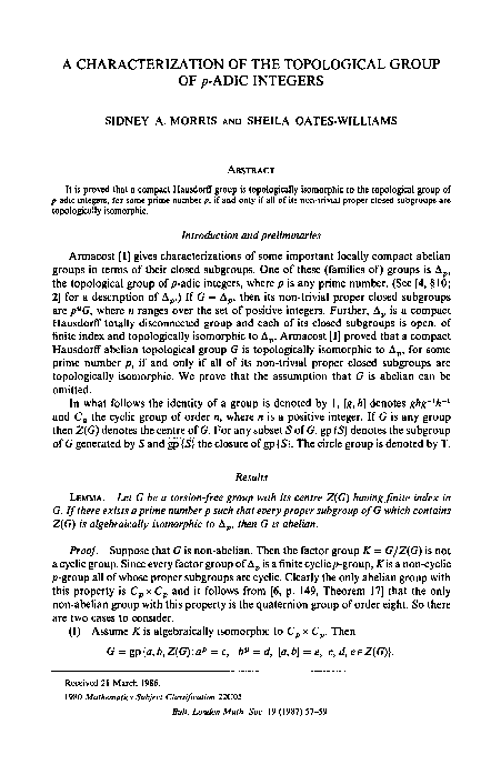 Pdf A Characterization Of The Topological Group Of P Adic Integers
