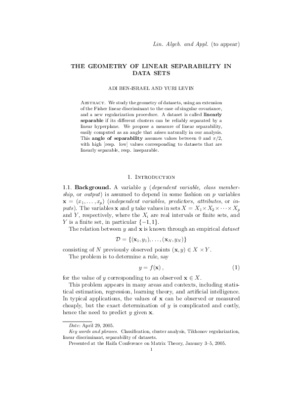 (PDF) The geometry of linear separability in data sets
