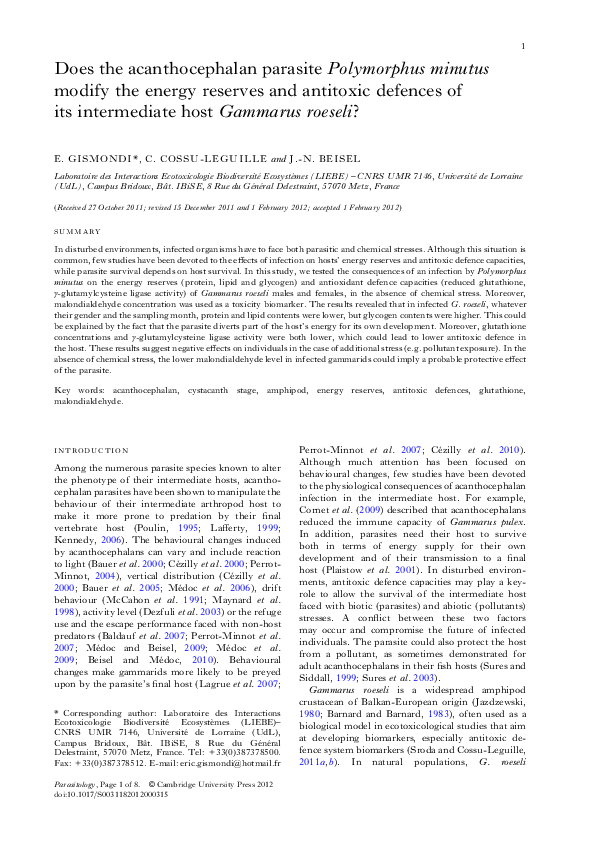 (PDF) Does the acanthocephalan parasite Polymorphus minutus modify the ...
