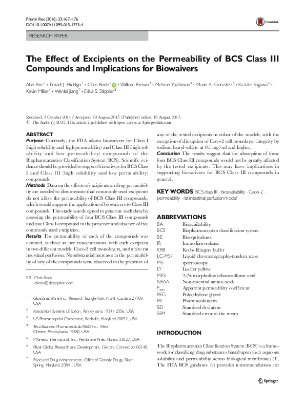 (PDF) The Effect of Excipients on the Permeability of BCS Class III ...