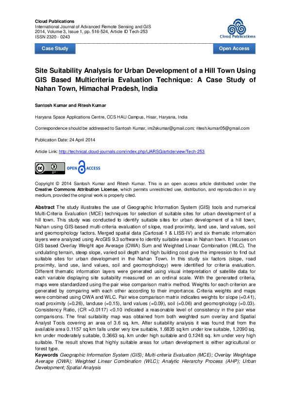 (PDF) Site Suitability Analysis for Urban Development Using GIS