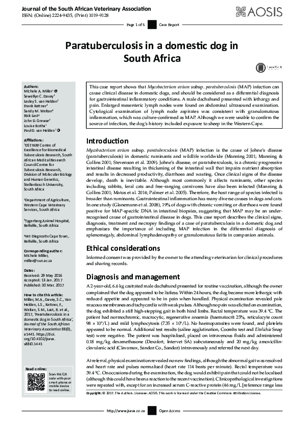 (PDF) Paratuberculosis in a domestic dog in South Africa