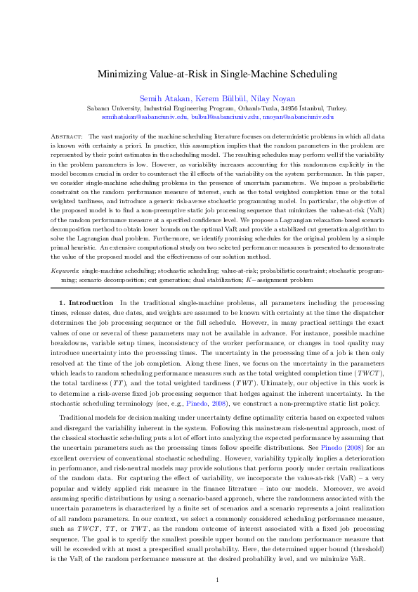 (PDF) Minimizing value-at-risk in single-machine scheduling