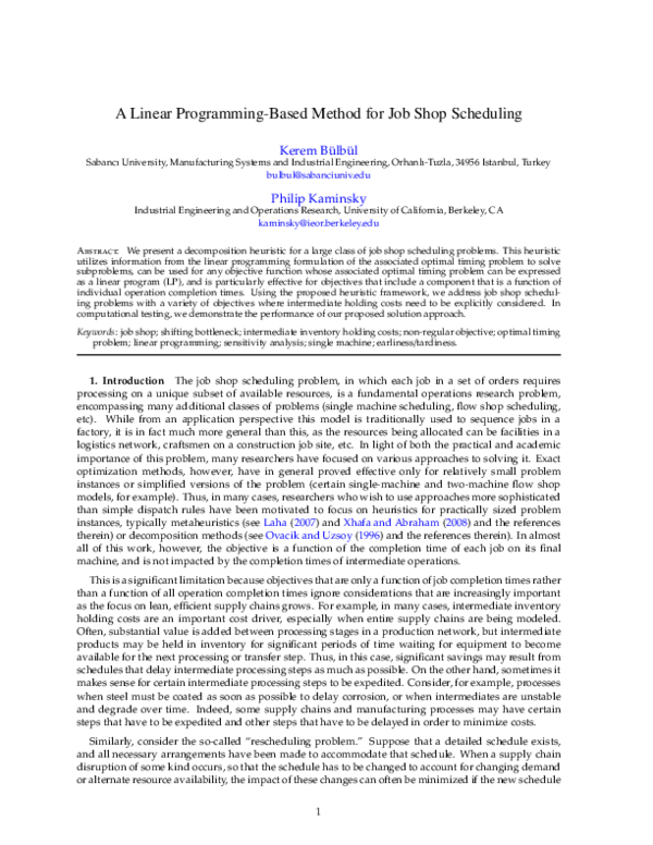 (PDF) A linear programming-based method for job shop scheduling