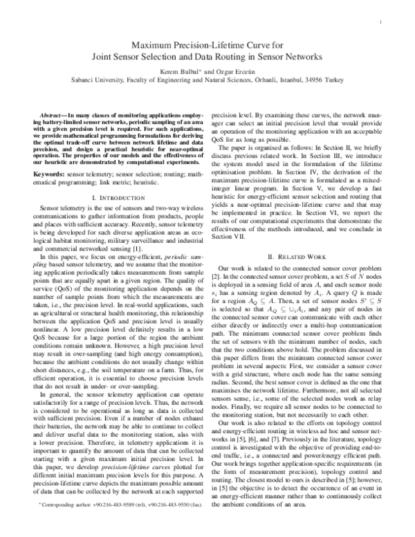 (PDF) Maximum precision-lifetime curve for joint sensor selection and data routing in sensor ...