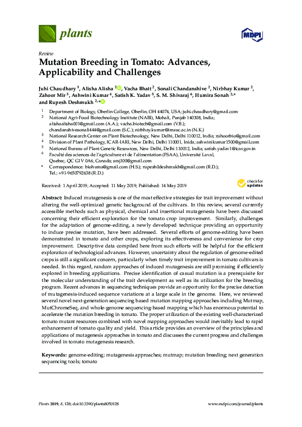 (PDF) Mutation Breeding in Tomato: Advances, Applicability and Challenges