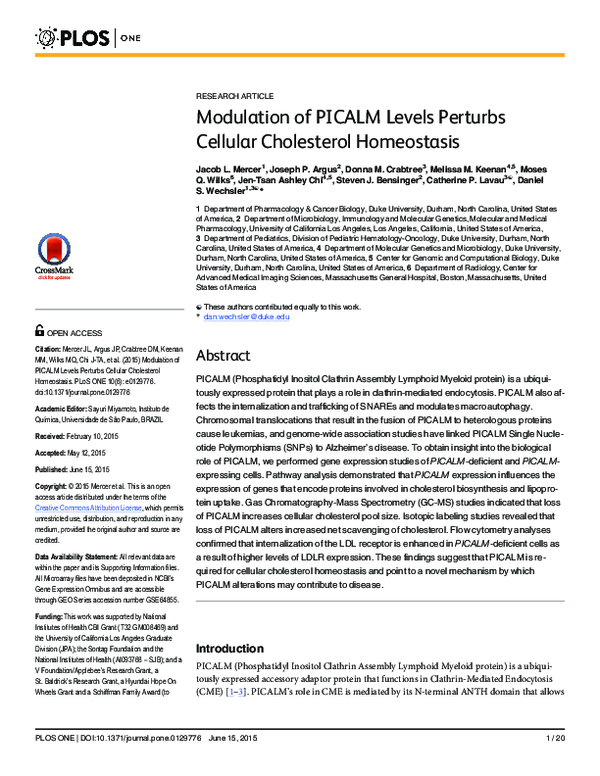 (PDF) Modulation of PICALM Levels Perturbs Cellular Cholesterol Homeostasis