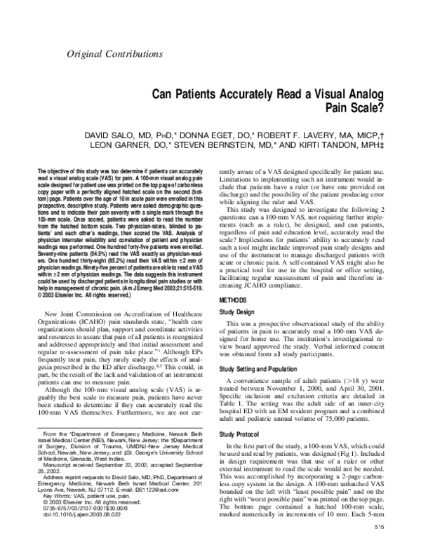 (PDF) Can patients accurately read a visual analog pain scale? | Steven ...