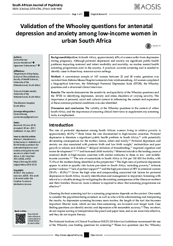 (PDF) Validation of the Whooley questions for antenatal depression and ...
