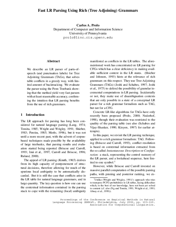 (PDF) Fast LR parsing using rich (Tree Adjoining) Grammars