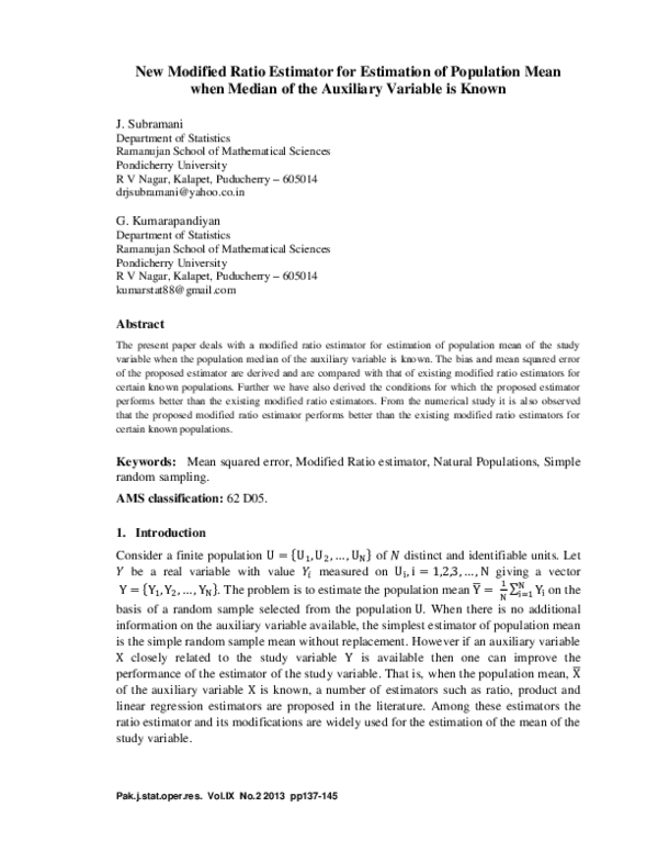 Pdf A New Modified Ratio Estimator For Estimation Of Population When