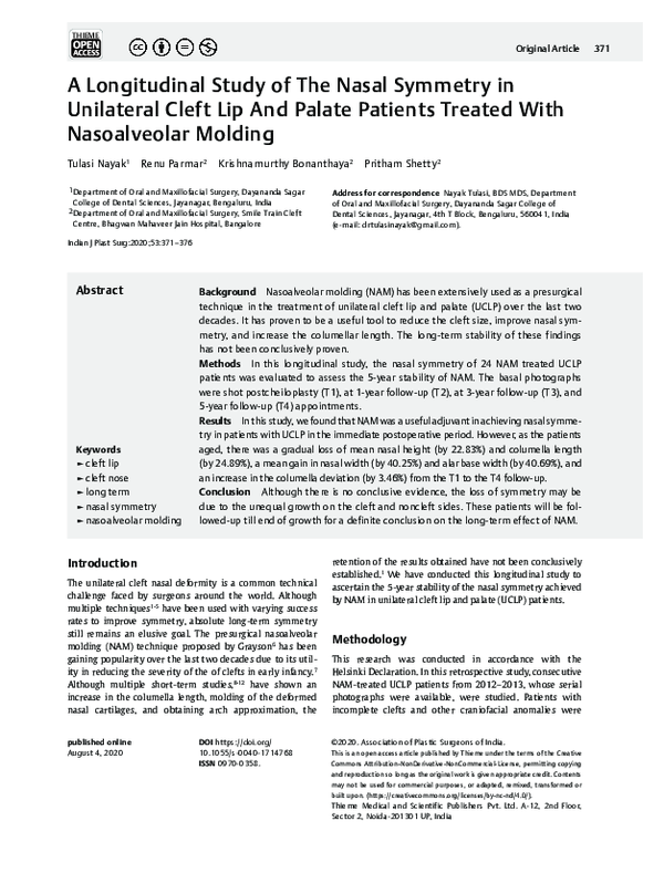 (PDF) A Longitudinal Study of The Nasal Symmetry in Unilateral Cleft Lip And Palate Patients ...