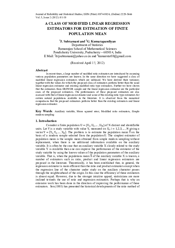 Pdf A Class Of Modified Linear Regression Estimators For Estimation