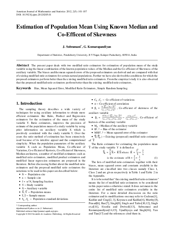 Pdf Estimation Of Population Mean Using Known Median And Co Efficent