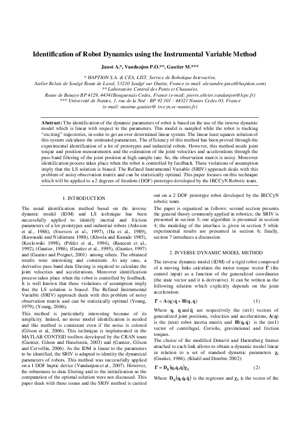 Identification Of Robots Dynamics With The Instrumental Variable Method
