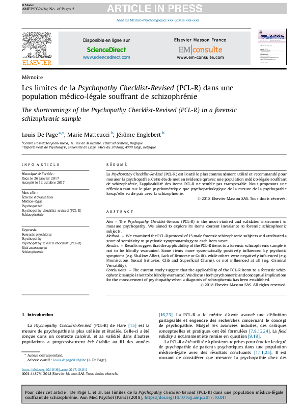 (PDF) Les limites de la Psychopathy Checklist-Revised (PCL-R) dans une ...