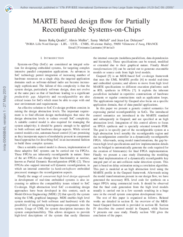 (PDF) MARTE based design flow for Partially Reconfigurable Systems-on-Chips